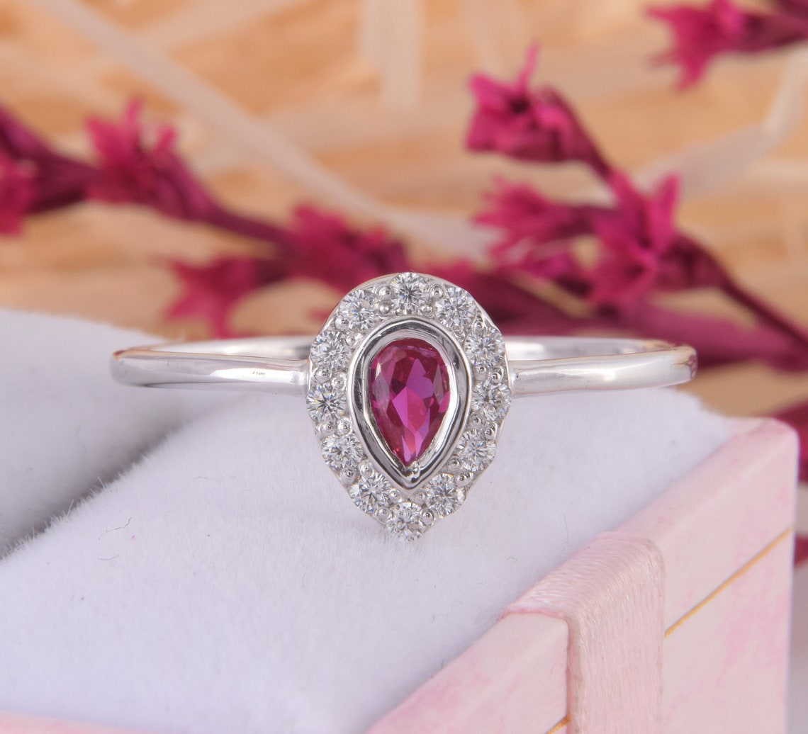 Unique art deco ruby promise ring for her Womens halo silver | Etsy