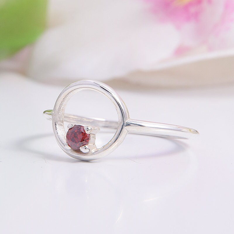 Round simple silver garnet ring for women Unique garnet ring | Etsy