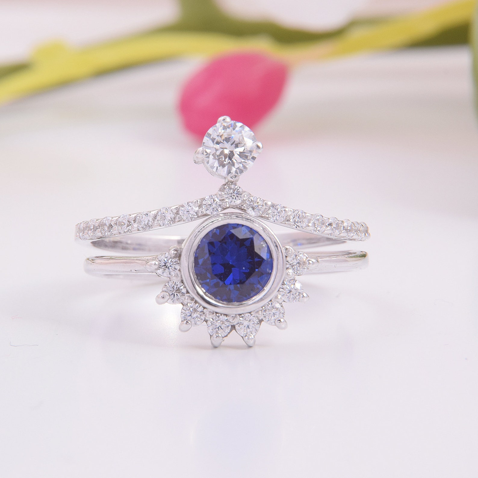 Silver Sapphire Wedding Rings Set for Womens, Sapphire Jewelry ...