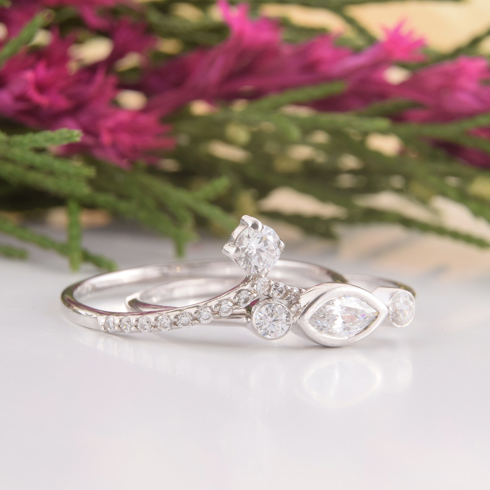 Womens silver wedding rings set Dainty wedding rings set | Etsy