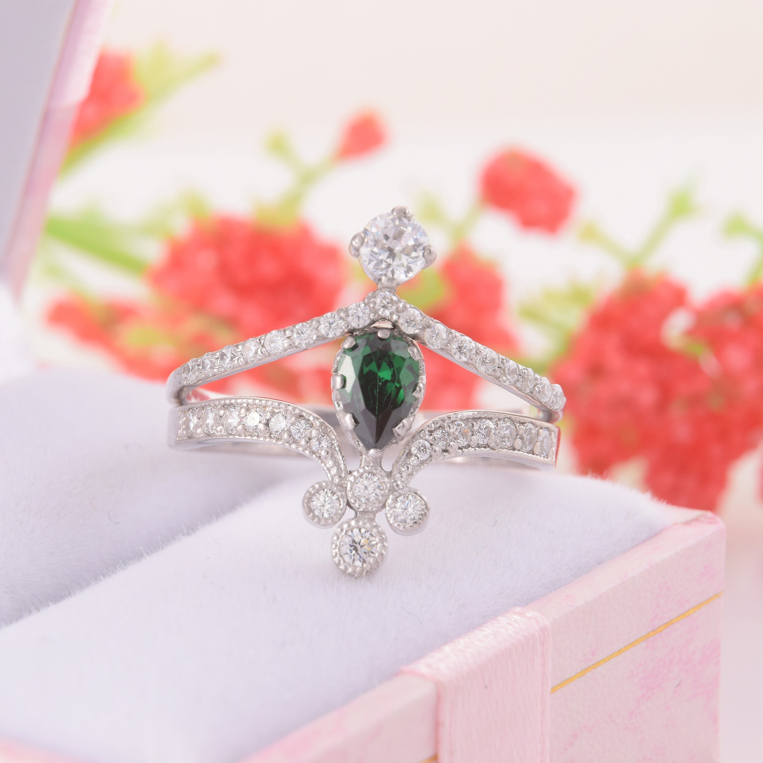 Unique Art Deco Wedding Rings Set Emerald Wedding Rings Set | Etsy