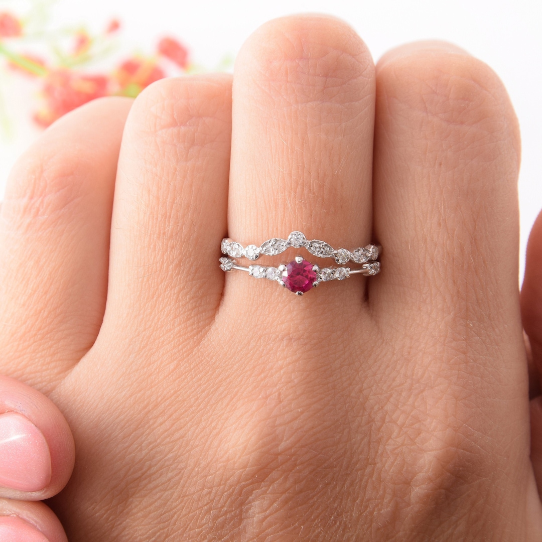 Small & Dainty Art Deco Ruby Wedding Rings Set, Unique Sterling Silver ...