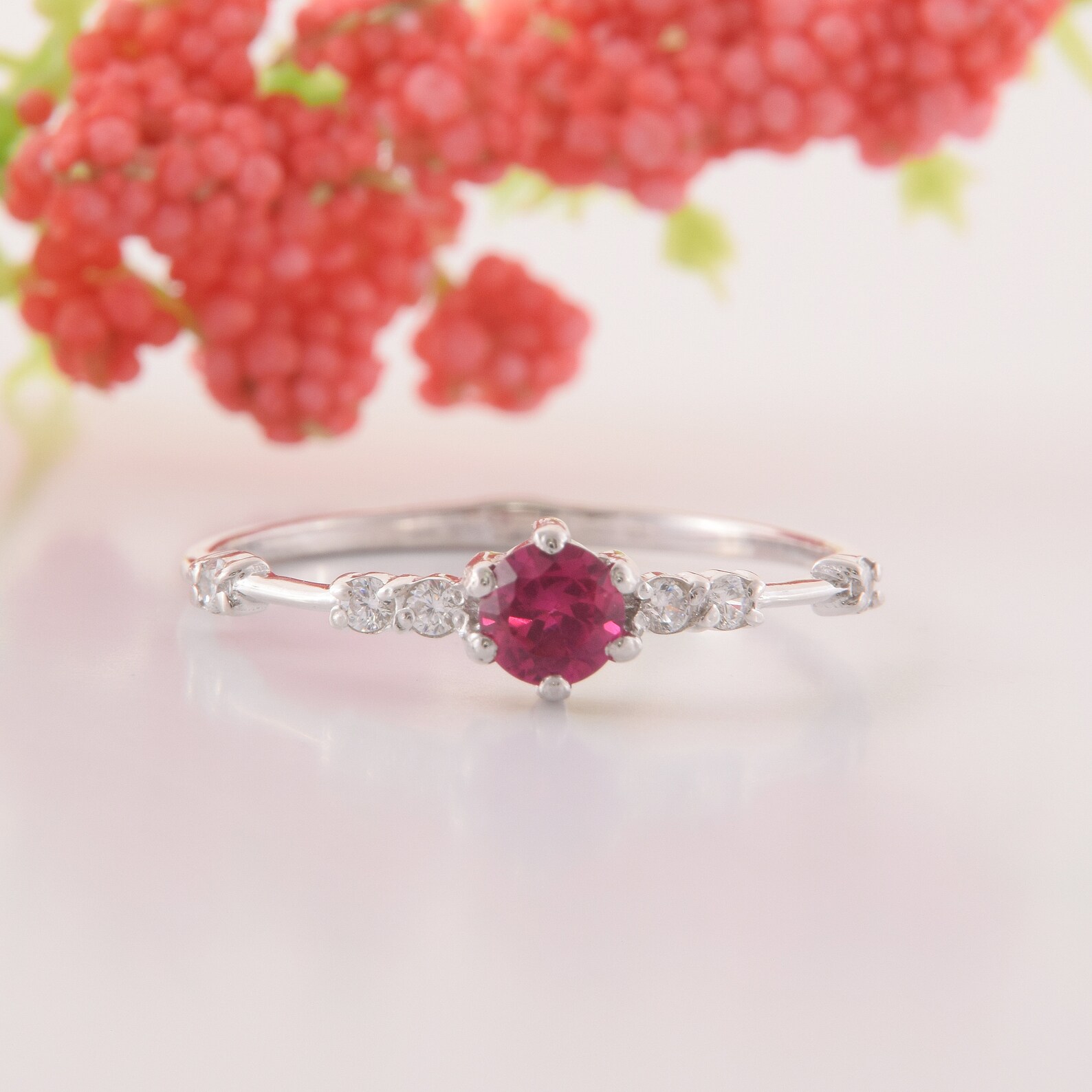 Womens Dainty Ruby Silver Promise Ring Delicate Womens | Etsy