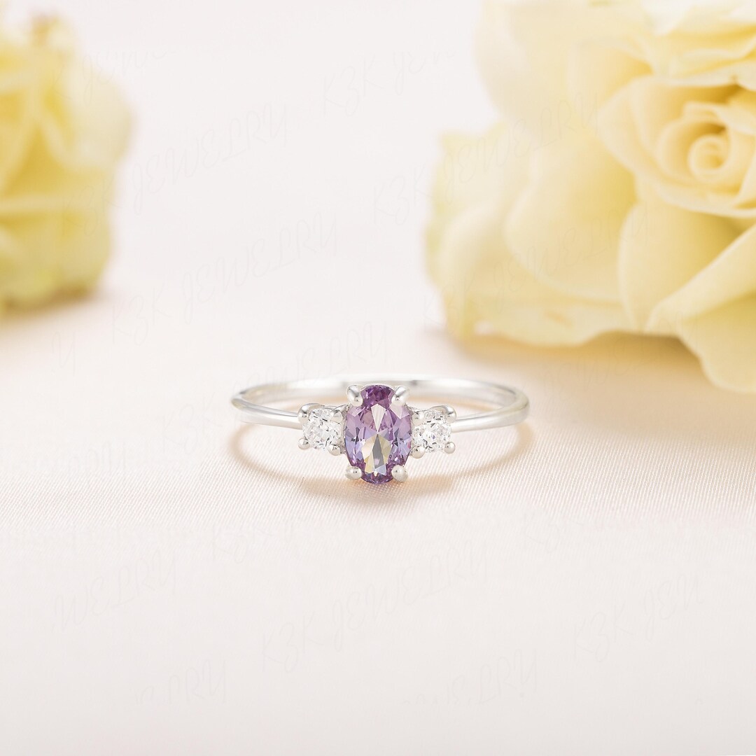 Women Unique Alexandrite Engagement Ring, Dainty Minimalist 14k White ...