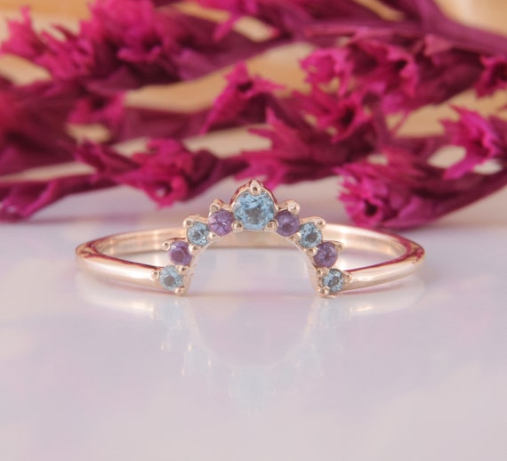 Small & Delicate Tiara Wedding Band Womens Curved Blue Topaz - Etsy