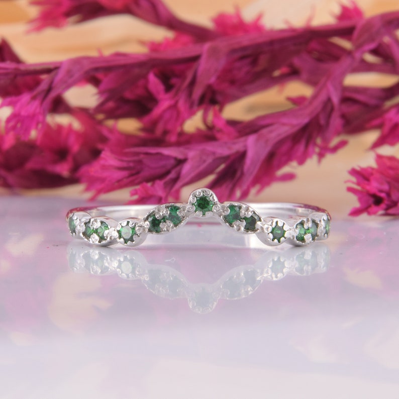 Womens Emerald Wedding Band Art Deco Curved Wedding Band For Etsy