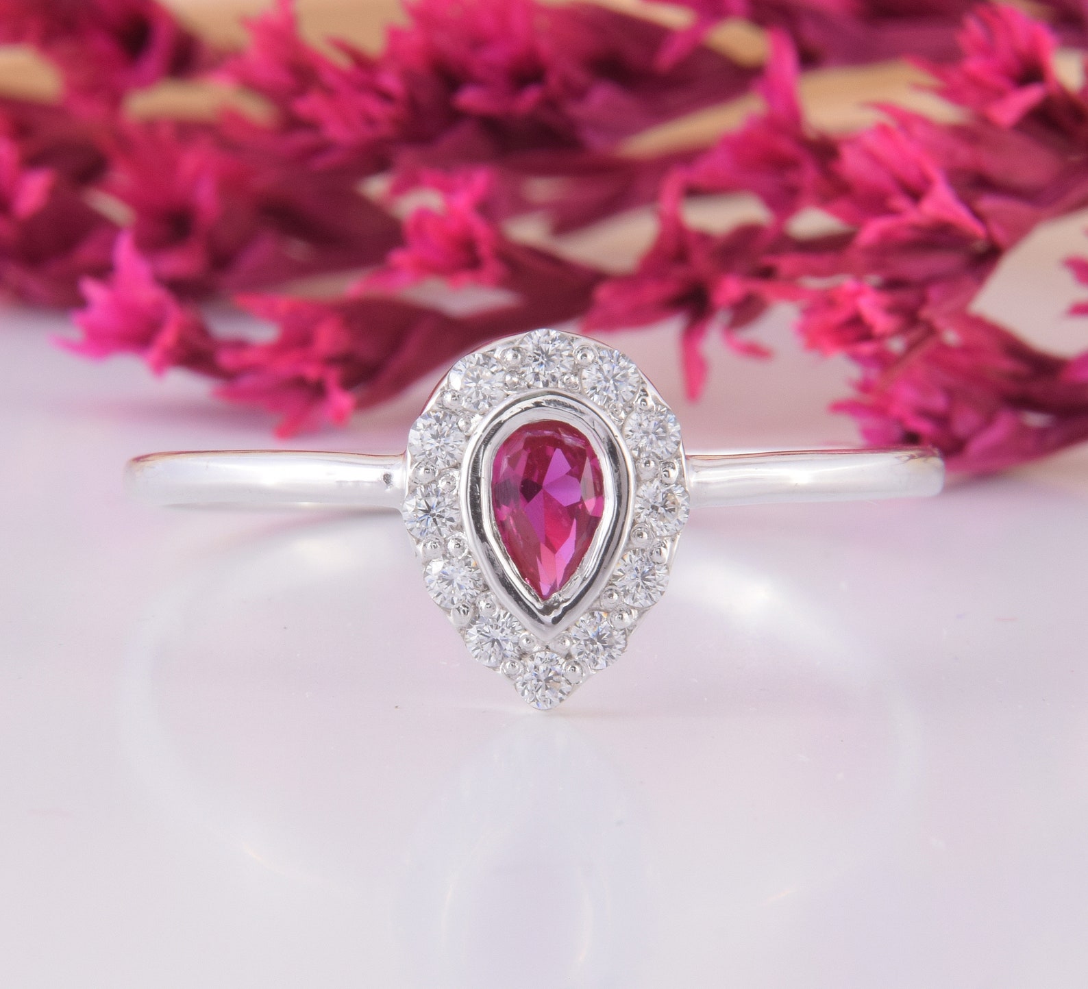 Unique art deco ruby promise ring for her Womens halo silver | Etsy