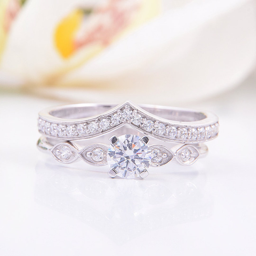 Womens Art Deco Wedding Rings Set, Silver Antique Wedding Rings Set ...