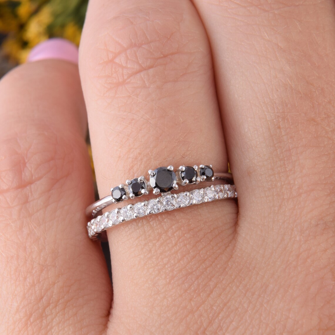 Unique sterling silver wide womens wedding band Black stone | Etsy