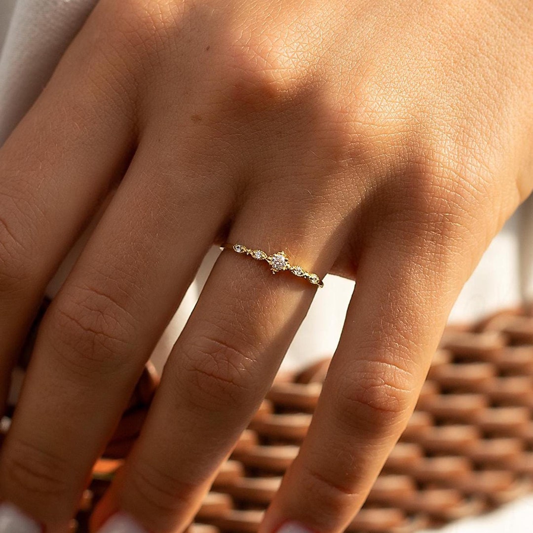 Unique Minimalist 14k Gold Diamond Cz Promise Ring for Her, Dainty Art Deco Small Engagement ...