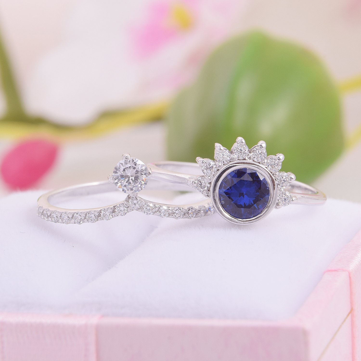 Silver Sapphire Wedding Rings Set for Womens Sapphire - Etsy