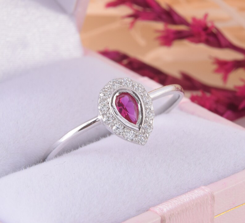 Unique art deco ruby promise ring for her Womens halo silver | Etsy