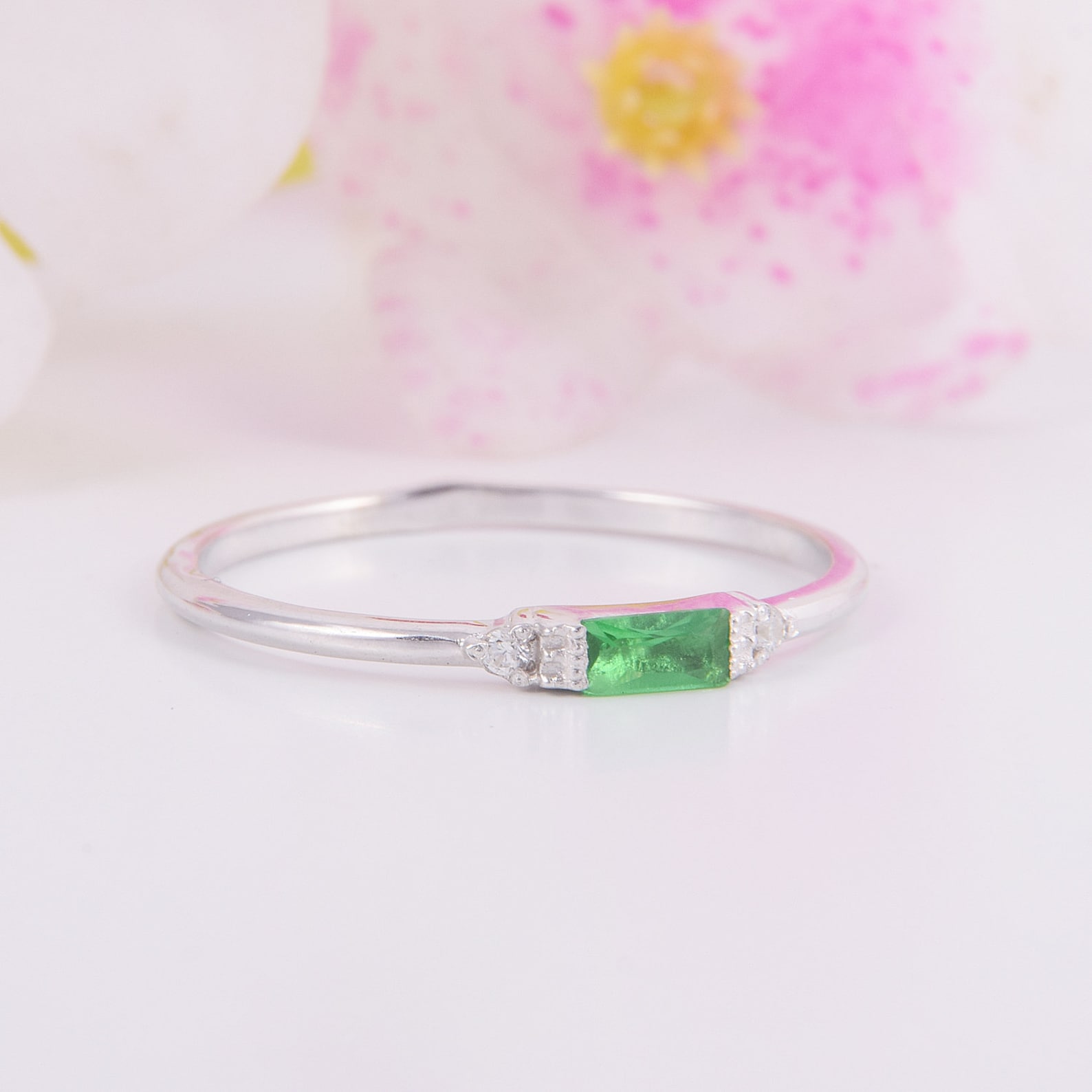 14k Solid White Gold Emerald Promise Ring for Her, Unique Small ...