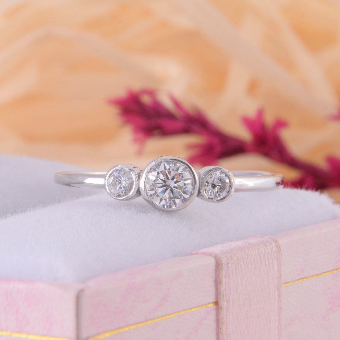 Unique bezel cut 3 stone womens promise ring Sterling silver | Etsy