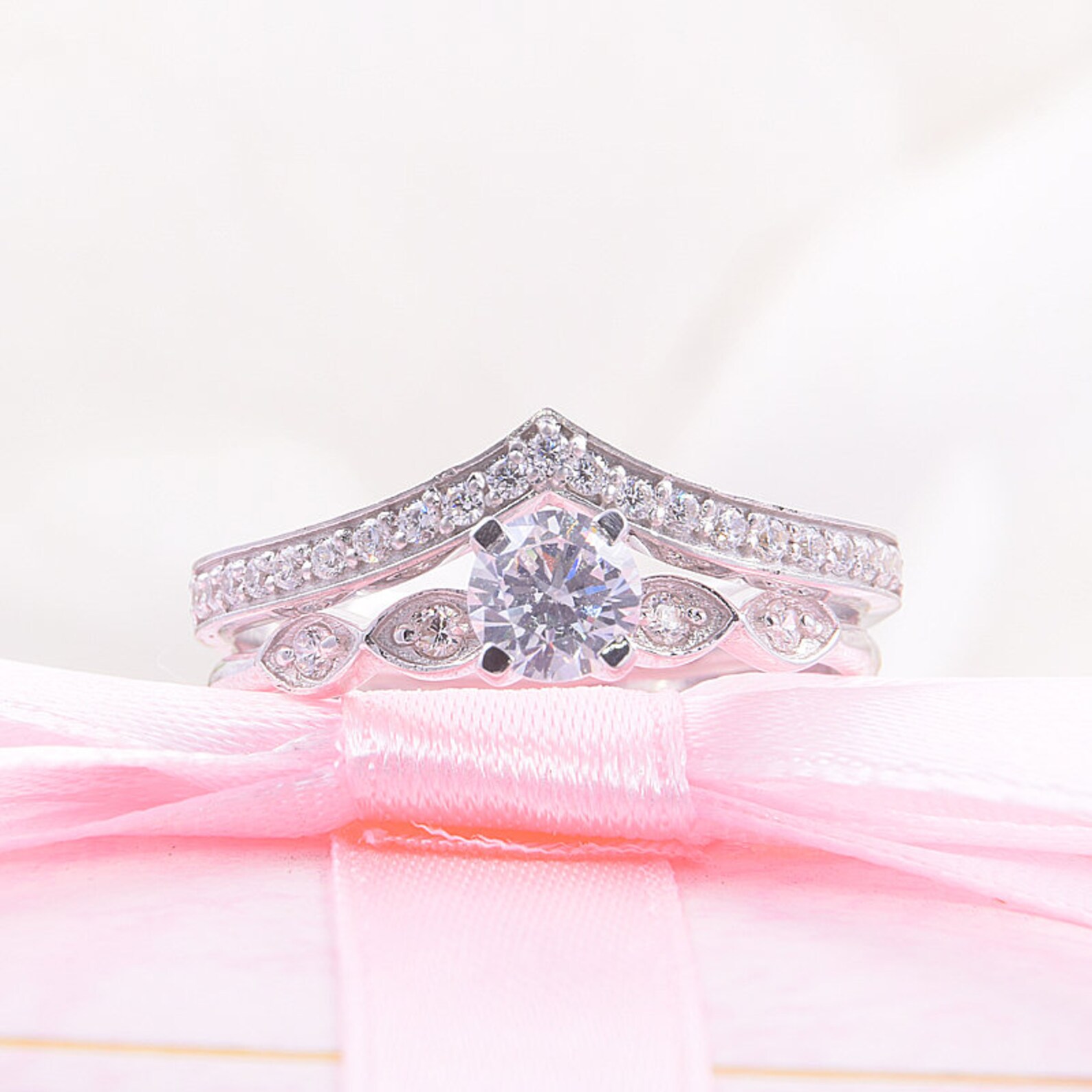 Womens Art Deco Wedding Rings Set Silver Antique Wedding | Etsy