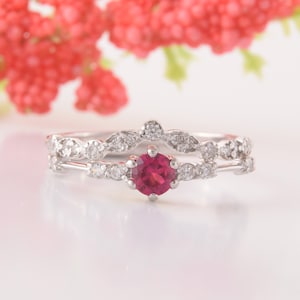 Small & Dainty Art Deco Ruby Wedding Rings Set, Unique Sterling Silver ...