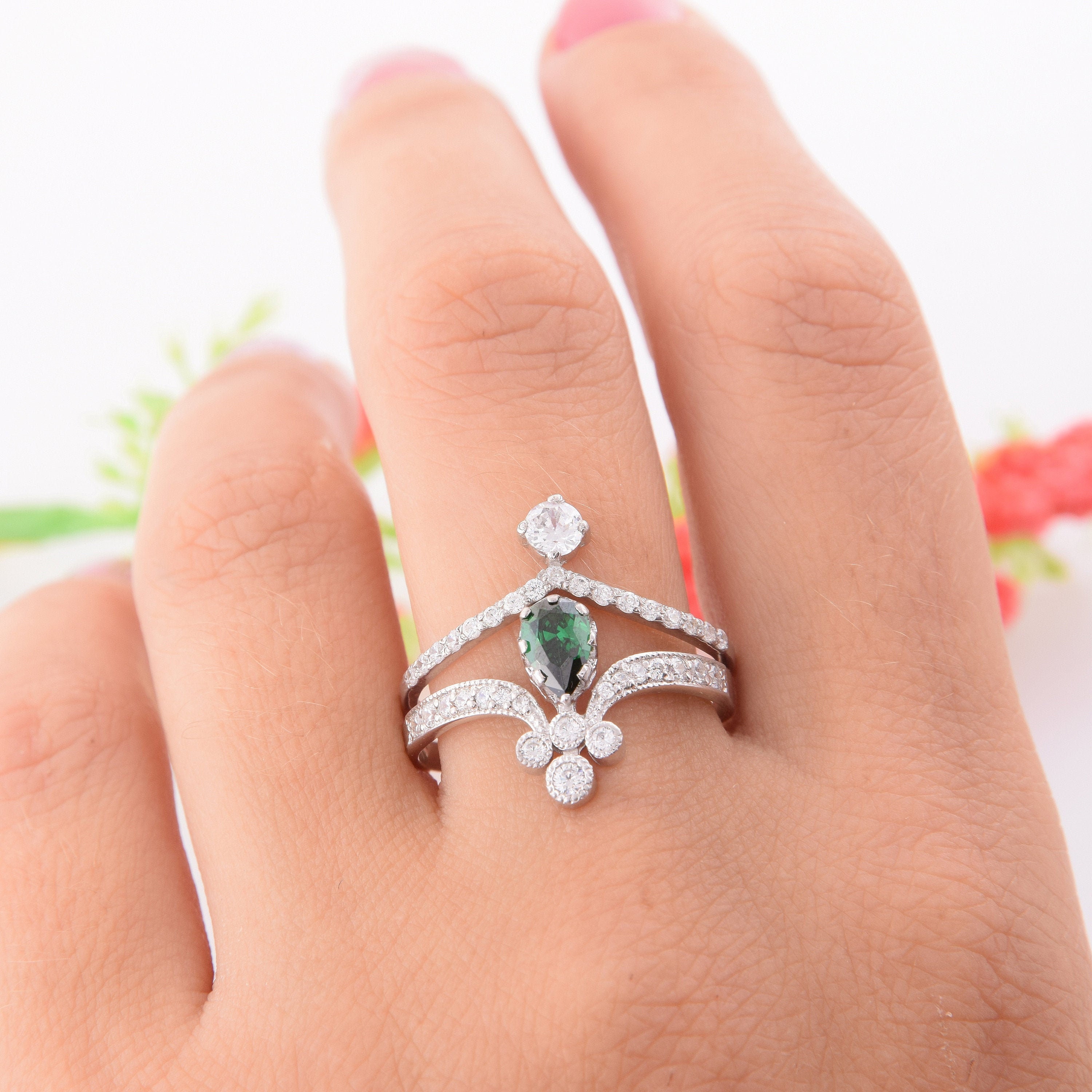 Unique Art Deco Wedding Rings Set Emerald Wedding Rings Set | Etsy