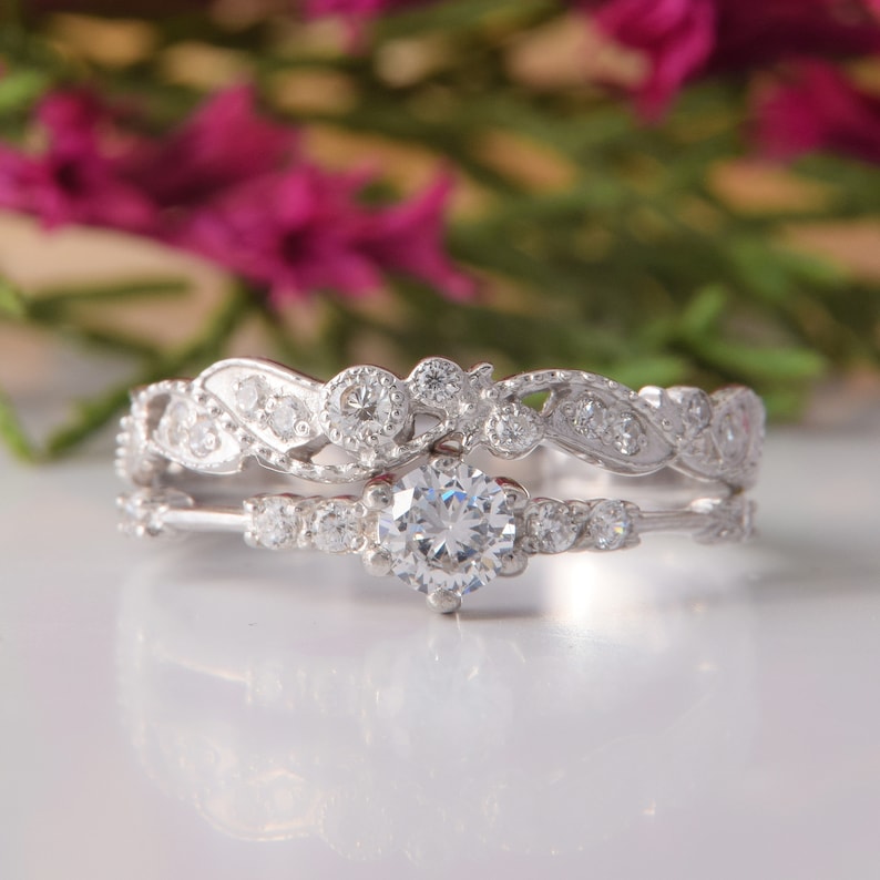 Unique Silver Womens Wedding Rings Set Art Deco Antique | Etsy