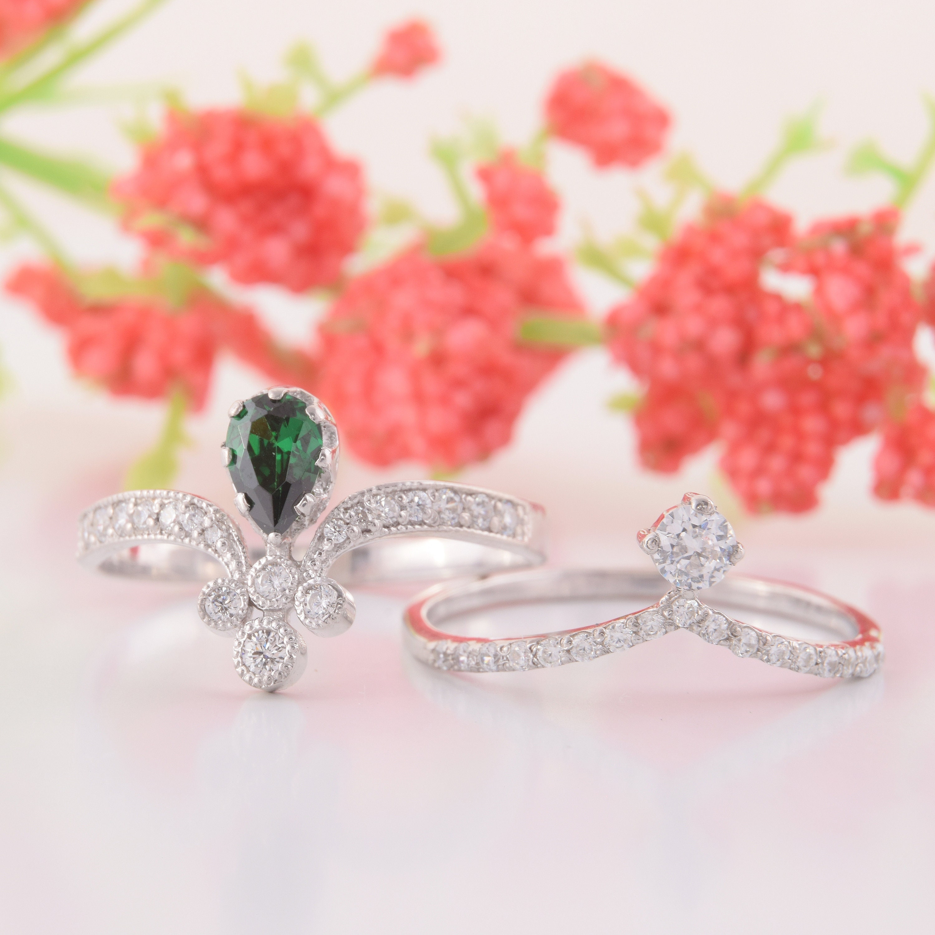 Unique Art Deco Wedding Rings Set Emerald Wedding Rings Set | Etsy