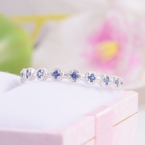 Small & Simple Blue Sapphire Silver Wedding Band, Unique Dainty Womens ...