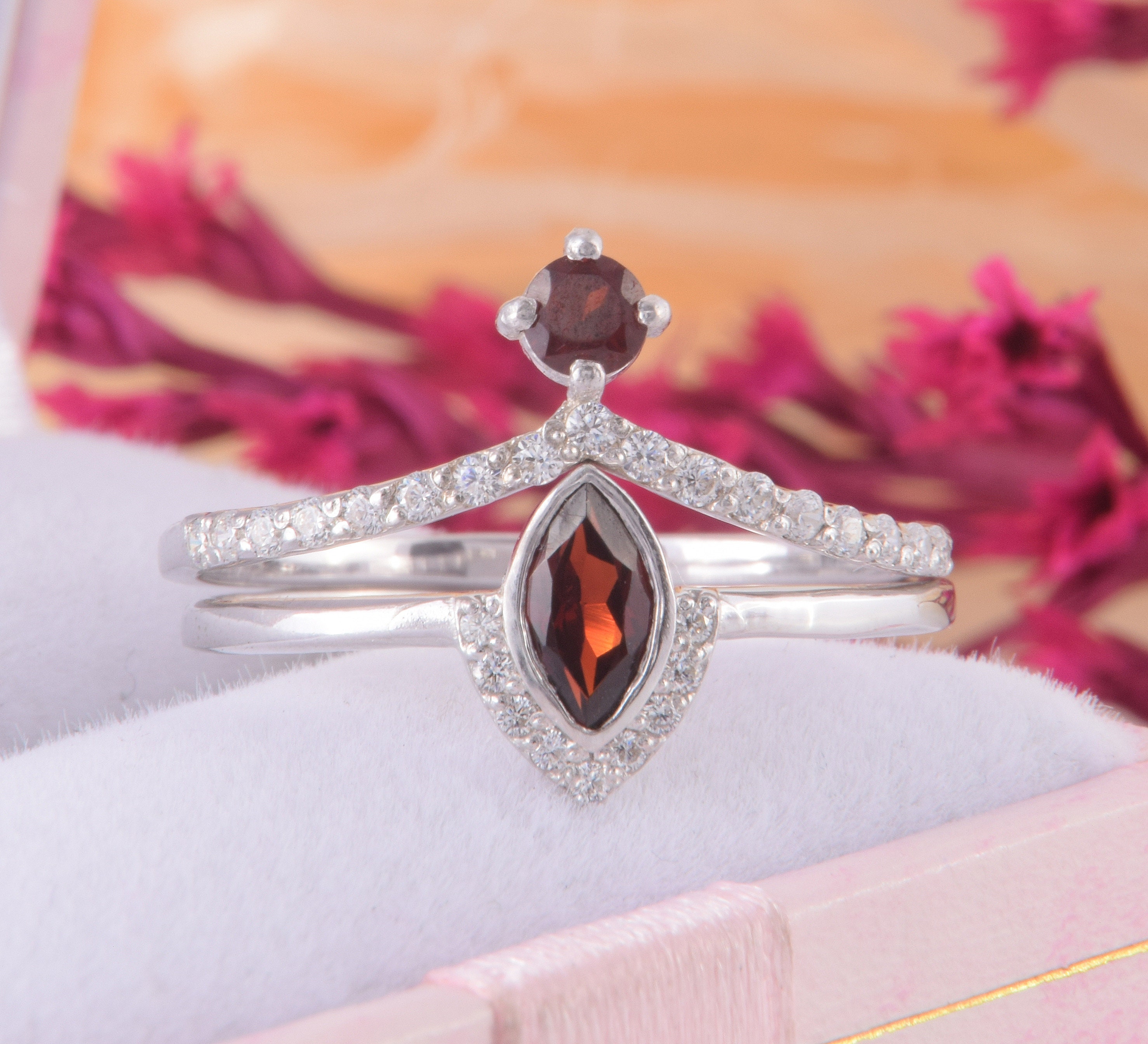 Womens garnet silver rings Garnet wedding rings set Small | Etsy