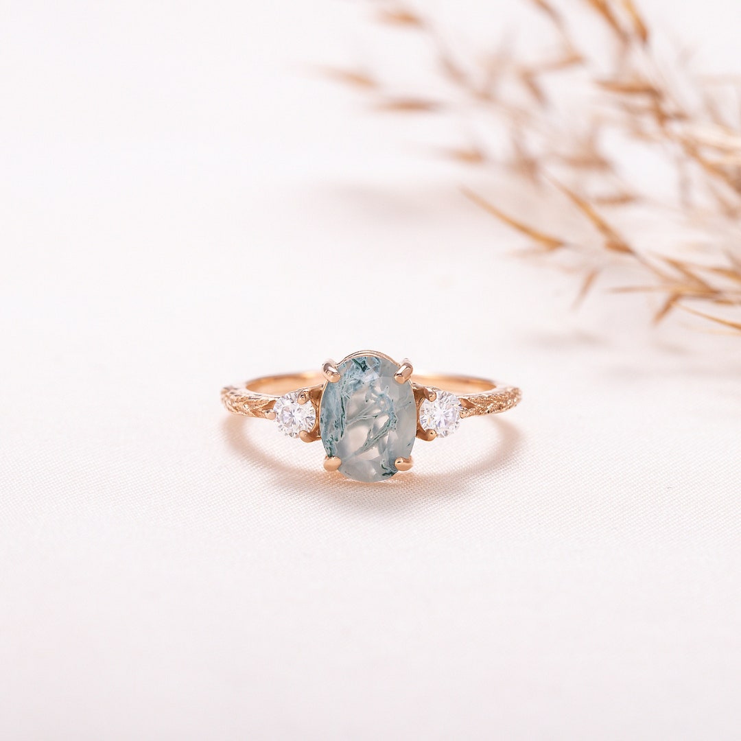 Vintage Style Oval Moss Agate Engagement Ring With Leaf Band, Unique Women Moss Agate Statement ...
