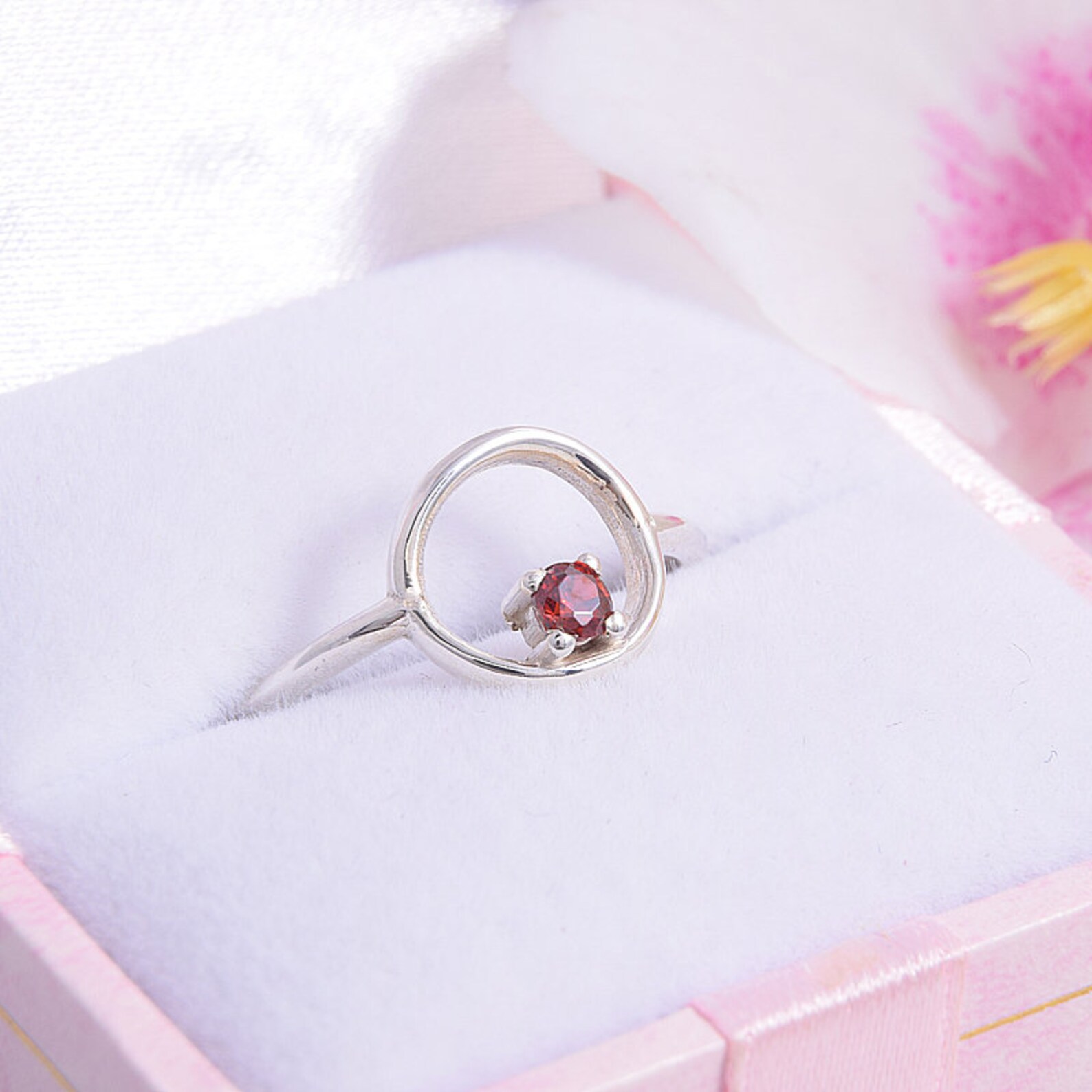 Round simple silver garnet ring for women Unique garnet ring | Etsy