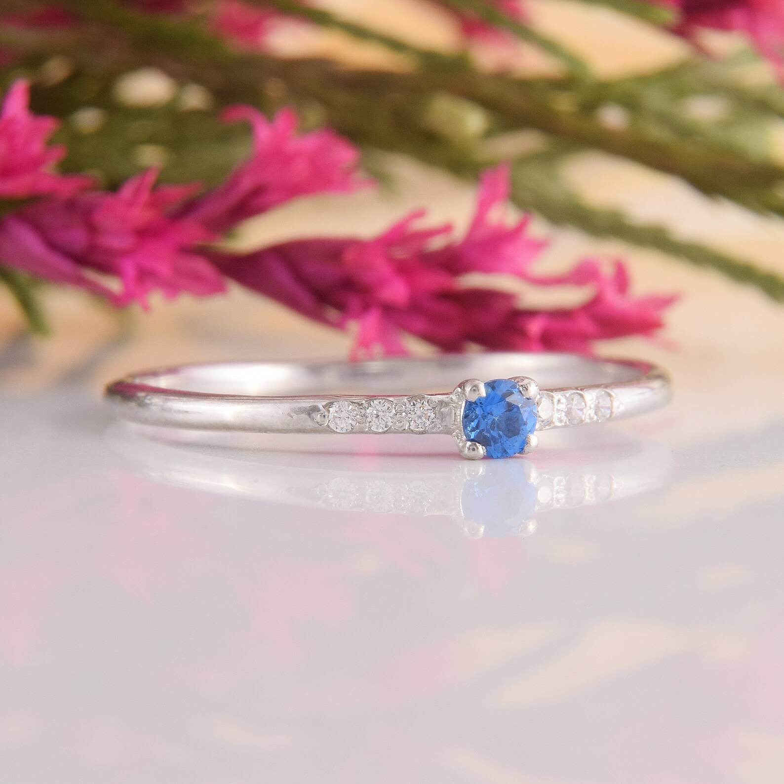 Small & dainty silver blue sapphire promise ring for her | Etsy