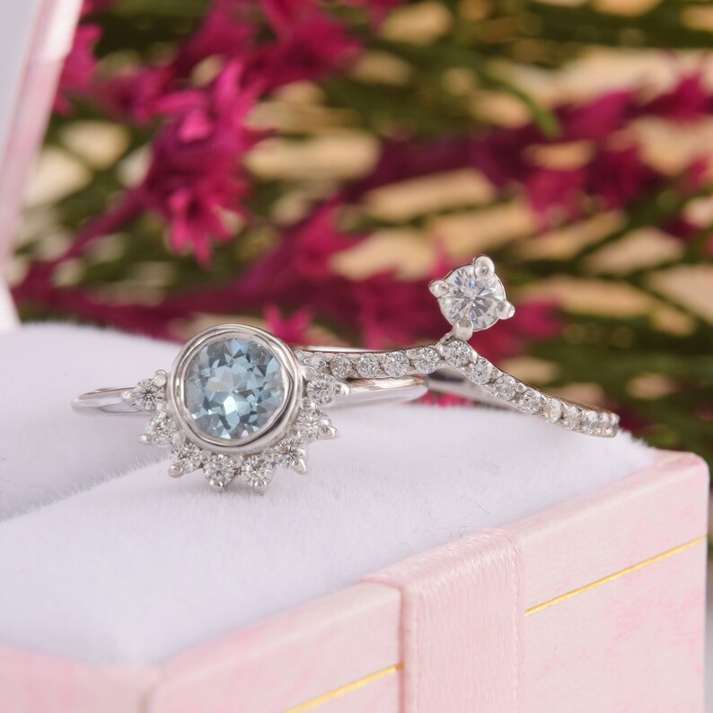 Unique art deco womens wedding rings set Blue topaz wedding | Etsy