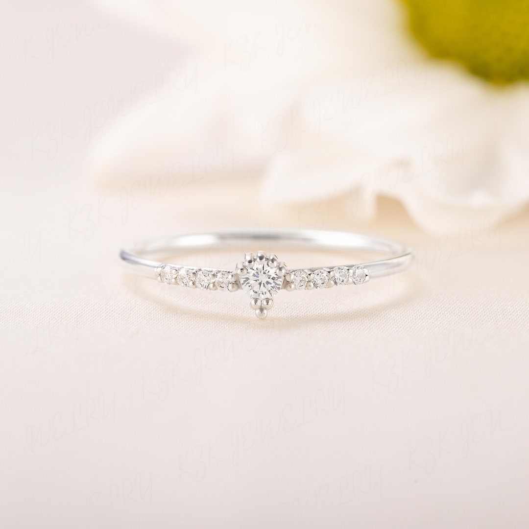 Unique Minimalist 14k White Gold Diamond Cz Promise Ring for Her ...