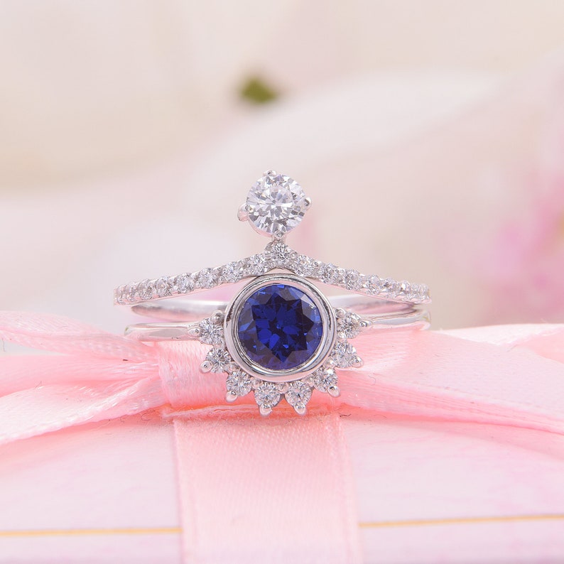 Silver Sapphire Wedding Rings Set for Womens Sapphire | Etsy