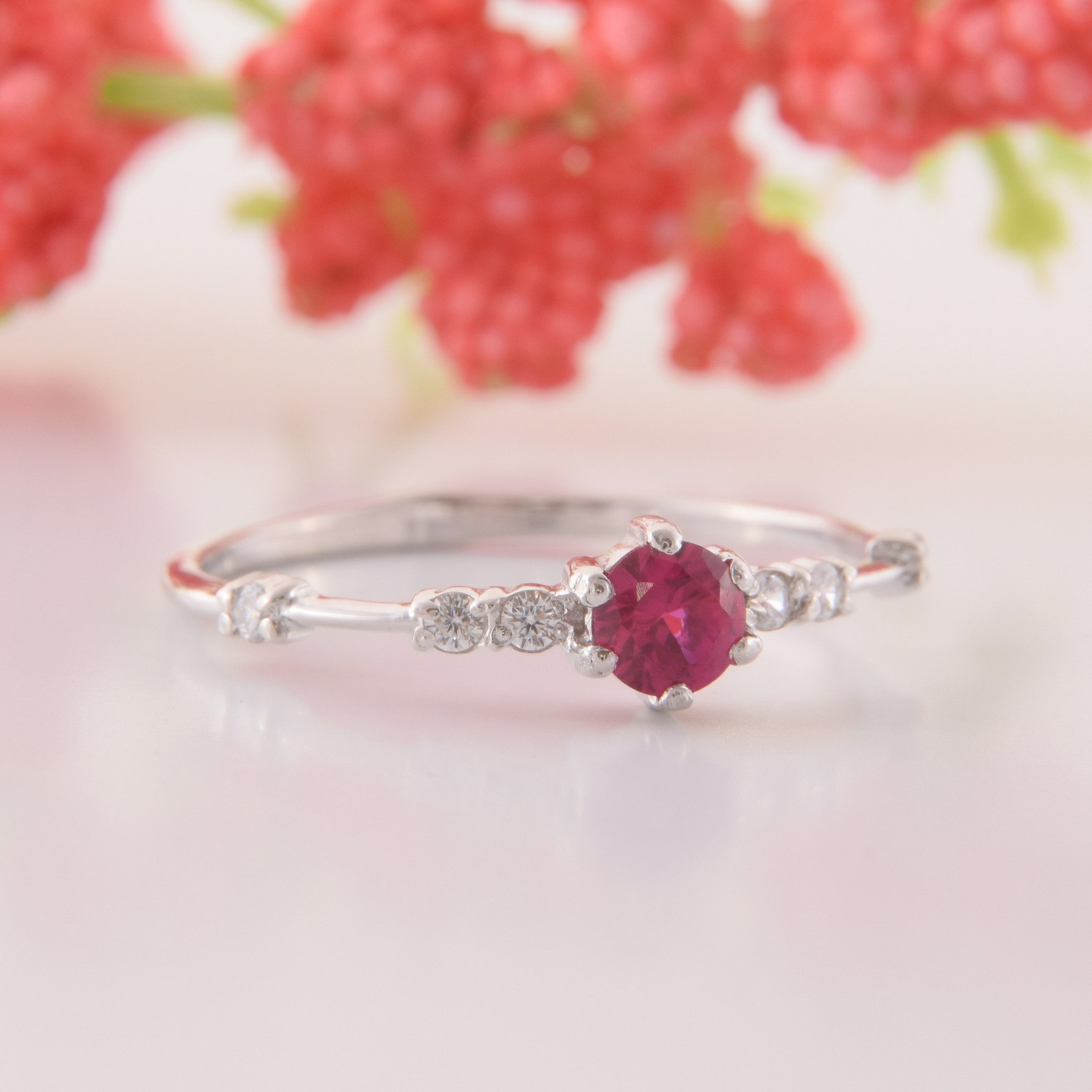 Womens Dainty Ruby Silver Promise Ring Delicate Womens | Etsy