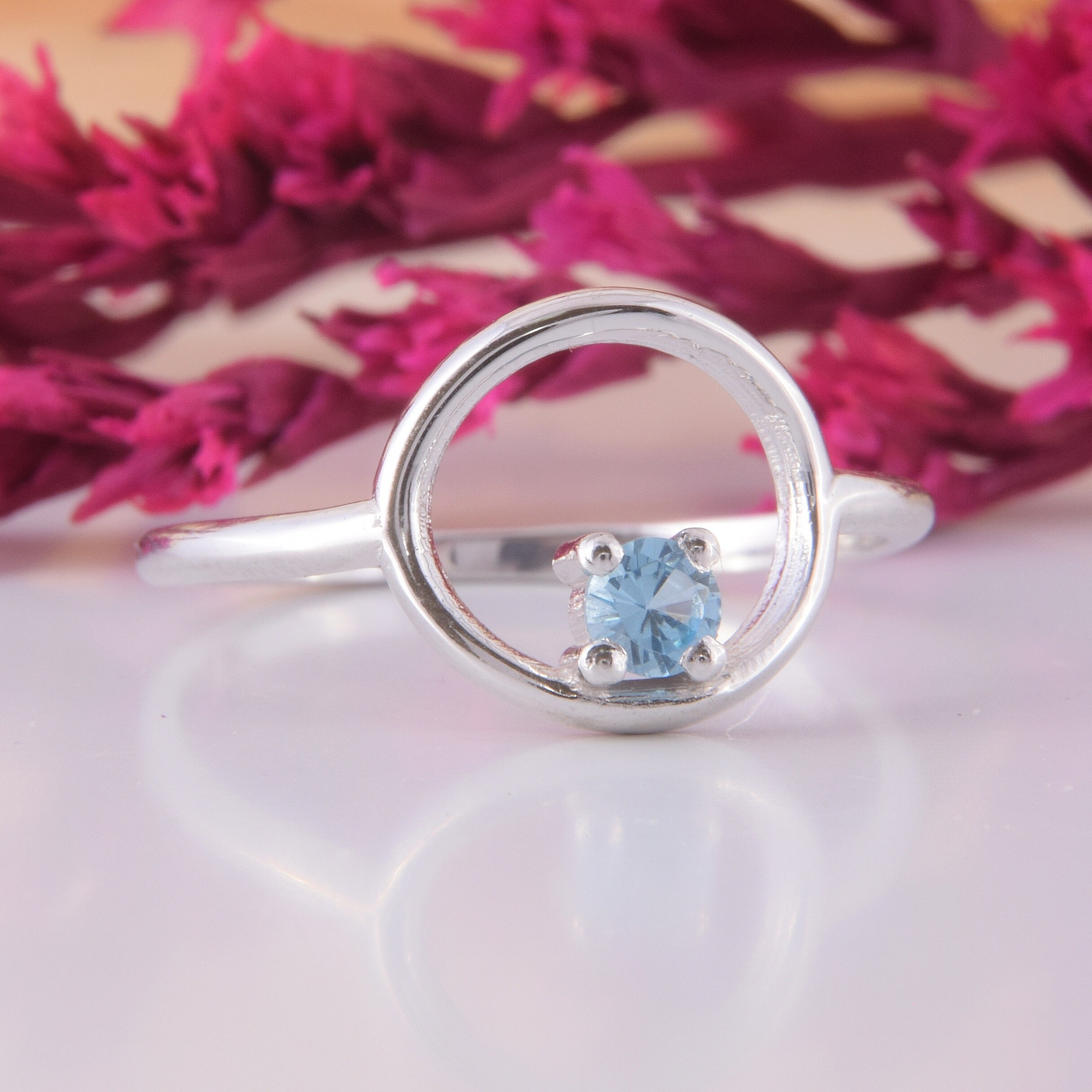 Simple round circle sterling silver ring Blue topaz promise | Etsy