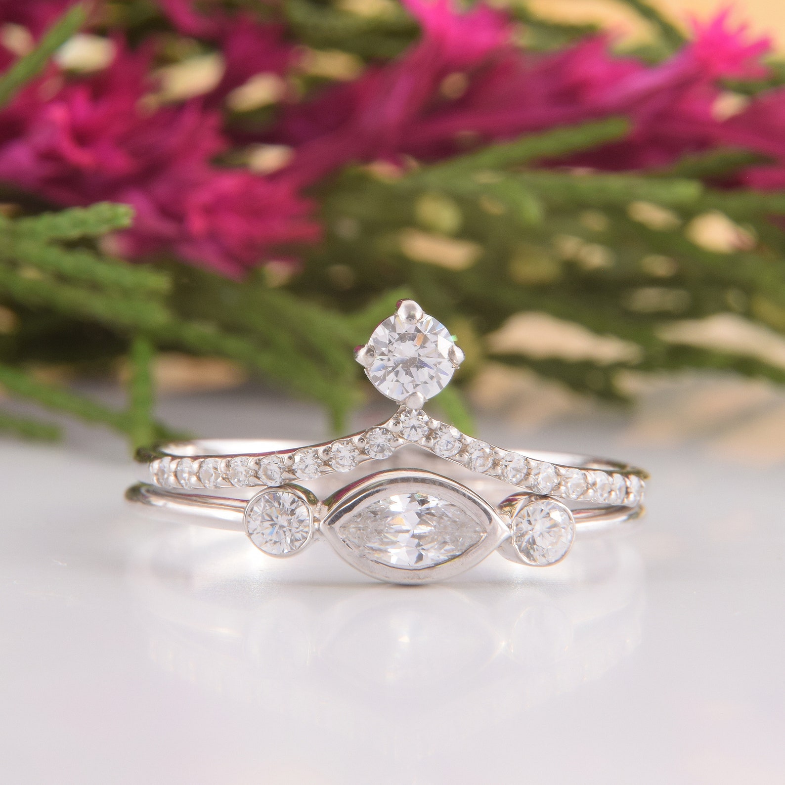 Womens silver wedding rings set Dainty wedding rings set | Etsy