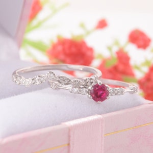 Small & Dainty Art Deco Ruby Wedding Rings Set, Unique Sterling Silver ...