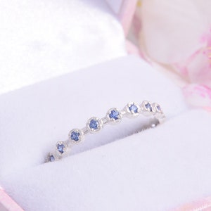 Small & Simple Blue Sapphire Silver Wedding Band, Unique Dainty Womens ...