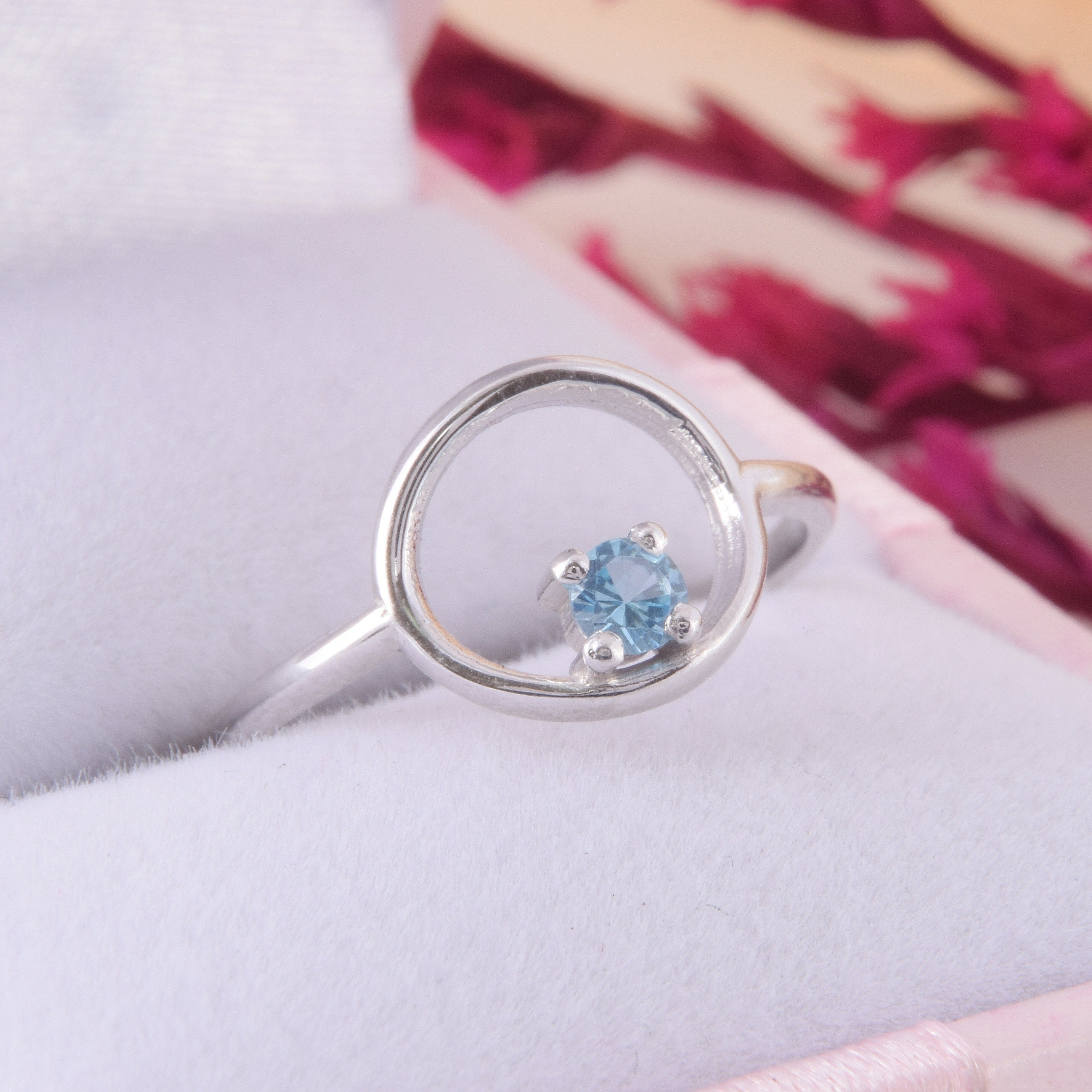 Simple round circle sterling silver ring Blue topaz promise | Etsy