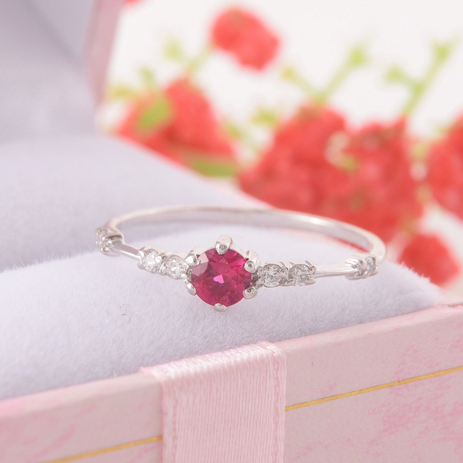 Womens Dainty Ruby Silver Promise Ring Delicate Womens - Etsy