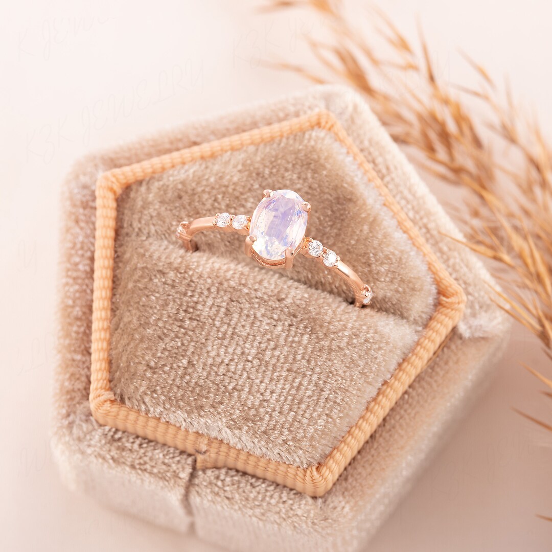 Dainty Oval Moonstone Engagement Ring Gold, Unique Blue Moonstone ...