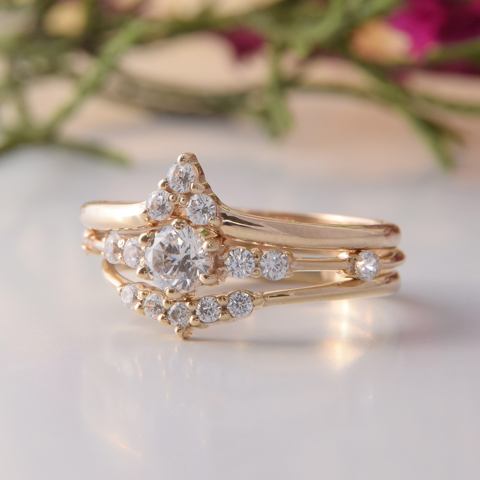 Gold Wedding Rings Set Dainty Wedding Rings Set Minimalist - Etsy