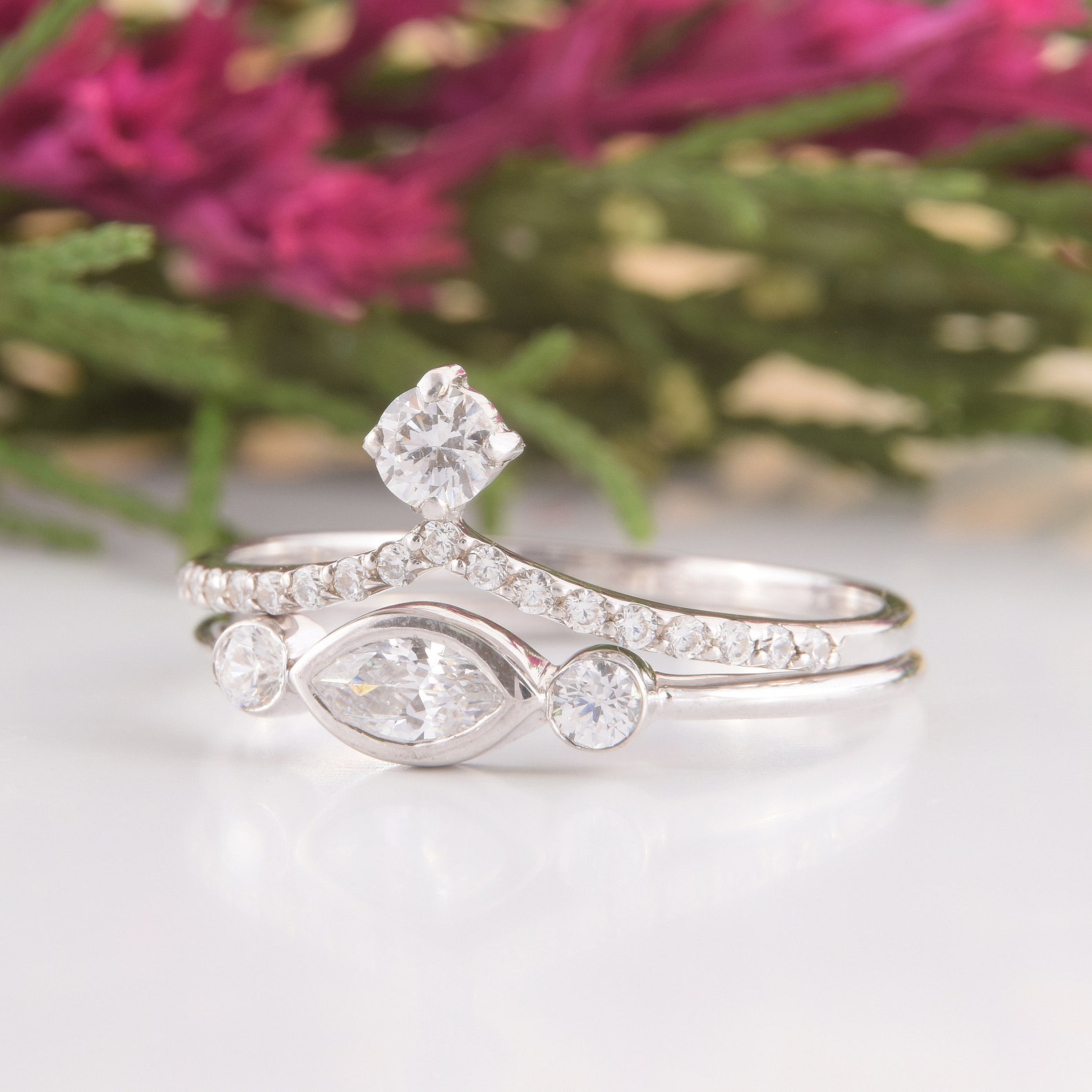 Womens silver wedding rings set Dainty wedding rings set | Etsy