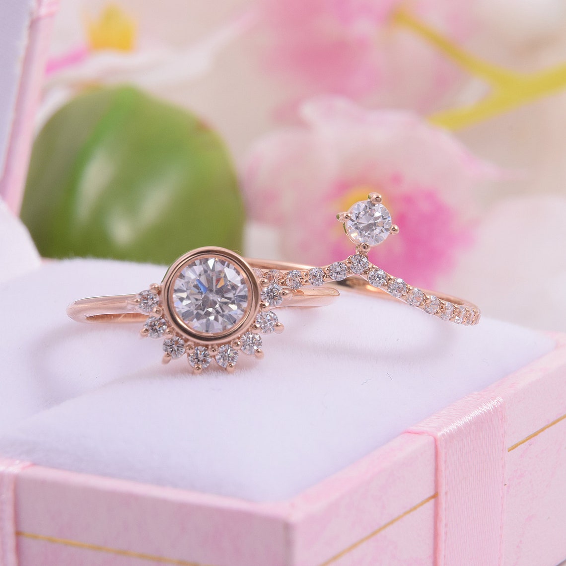 14k rose gold unique art deco wedding rings setWomens antique | Etsy
