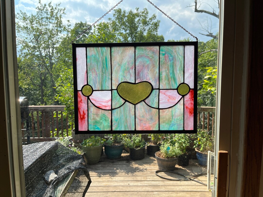 Heart Design Stained Glass Window, Stained Glass Heart Suncatcher, Pink ...