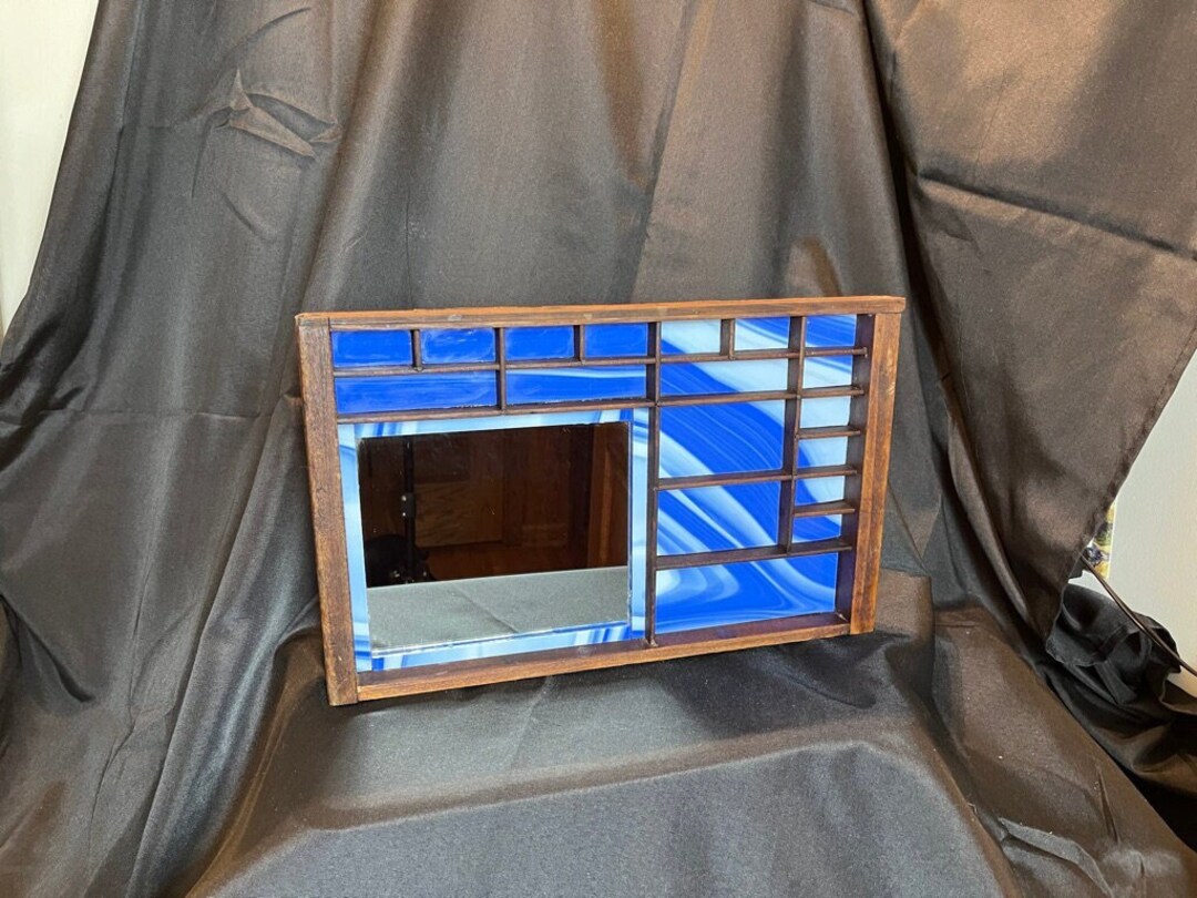 Decorative Small Stained Glass Mirror, Blue, Rectangular Upcycled Frame ...