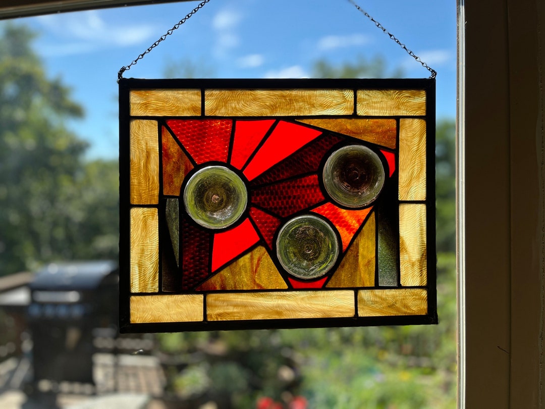 Stained Glass Window Panel, Rectangular Suncatcher, Upcycled Glass ...