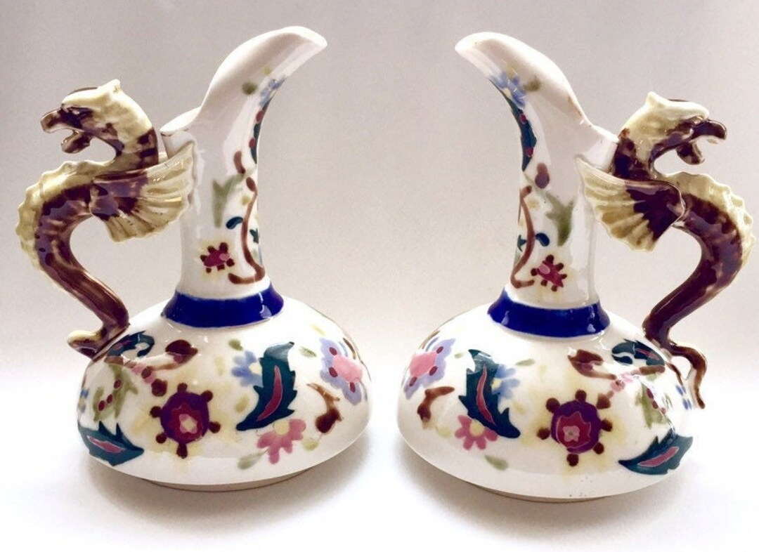 Austrian Dragon Handles 19th Century Bohemian Pair of Porcelain Ewer ...