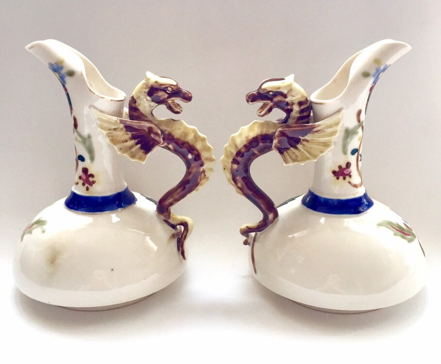 Austrian Dragon Handles 19th Century Bohemian Pair of Porcelain Ewer ...