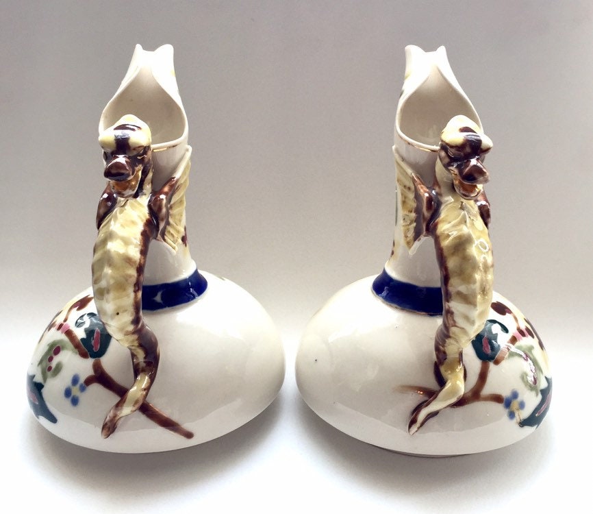 Austrian Dragon Handles 19th Century Bohemian Pair of Porcelain Ewer ...