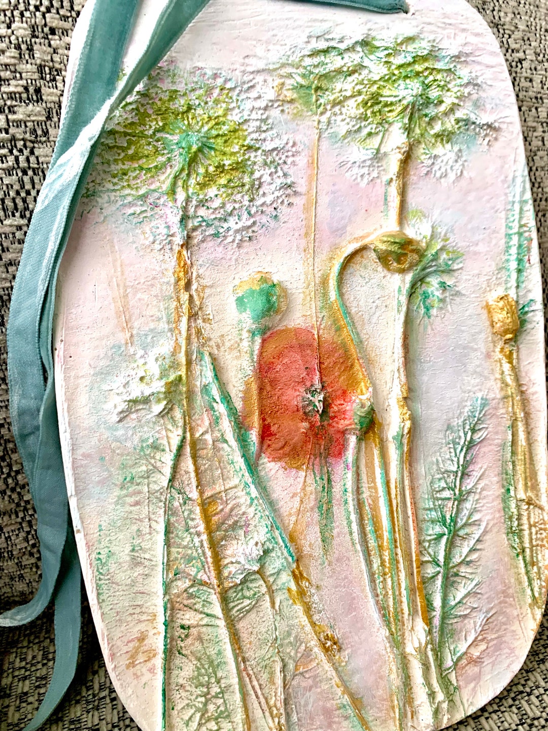 Plaster Cast Imprint of Wildflowers Ceramic Tile Handpainted - Etsy