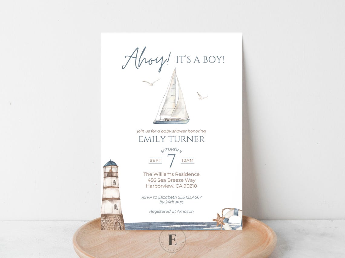 Nautical Baby Shower Invitation Template, Ahoy It's a Boy, Editable ...